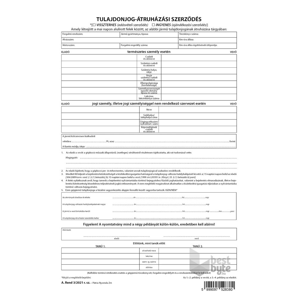 A.REND.3/2021 A4 4 lapos garn. "Tulajdonjog átruházási szerződés" nyomtatvány - Office Depot ...